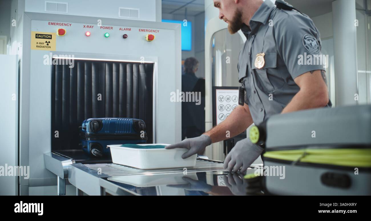 Airport Security Checkpoint: Security Officer Putting Suitcases and ...