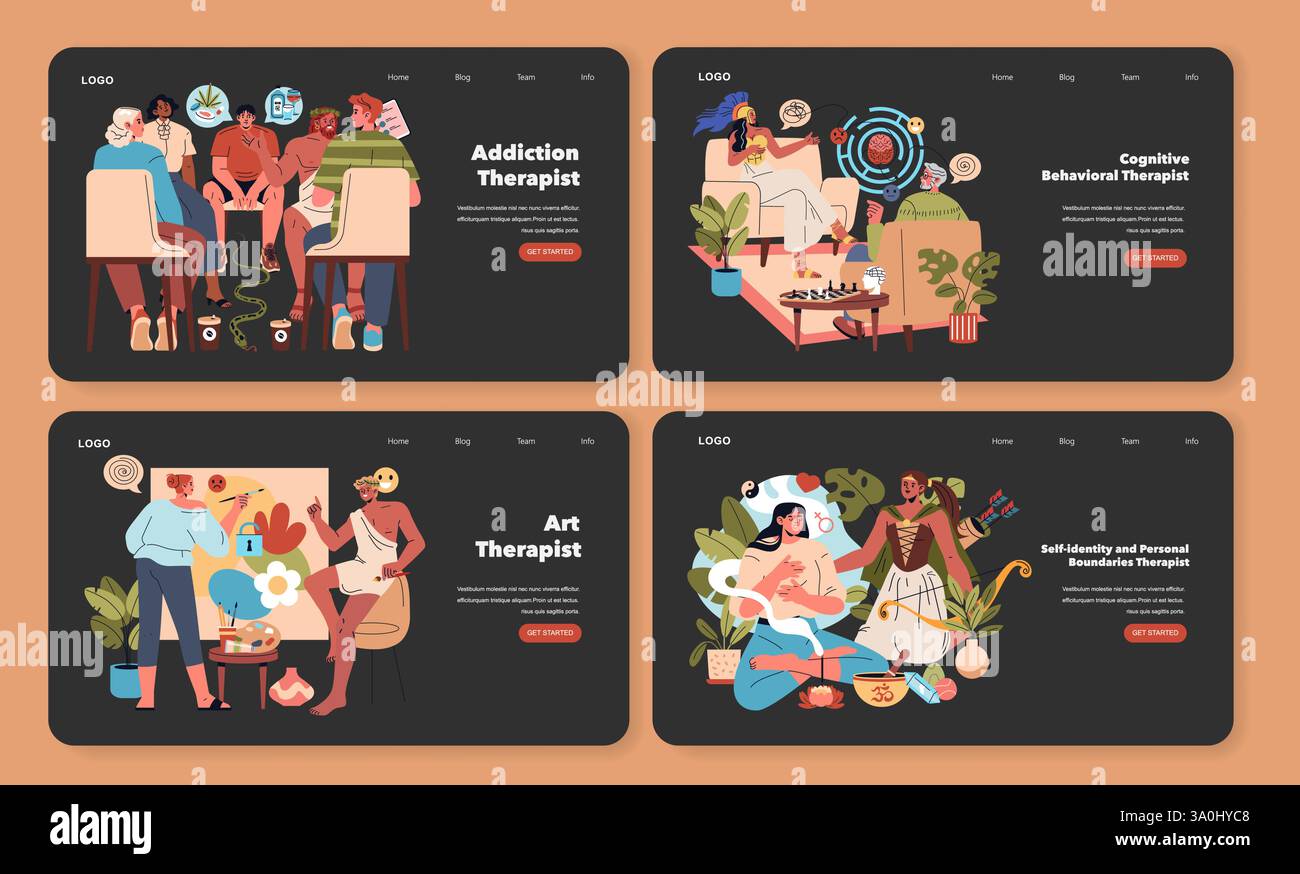 Illustration set about various therapy practices showing addiction ...