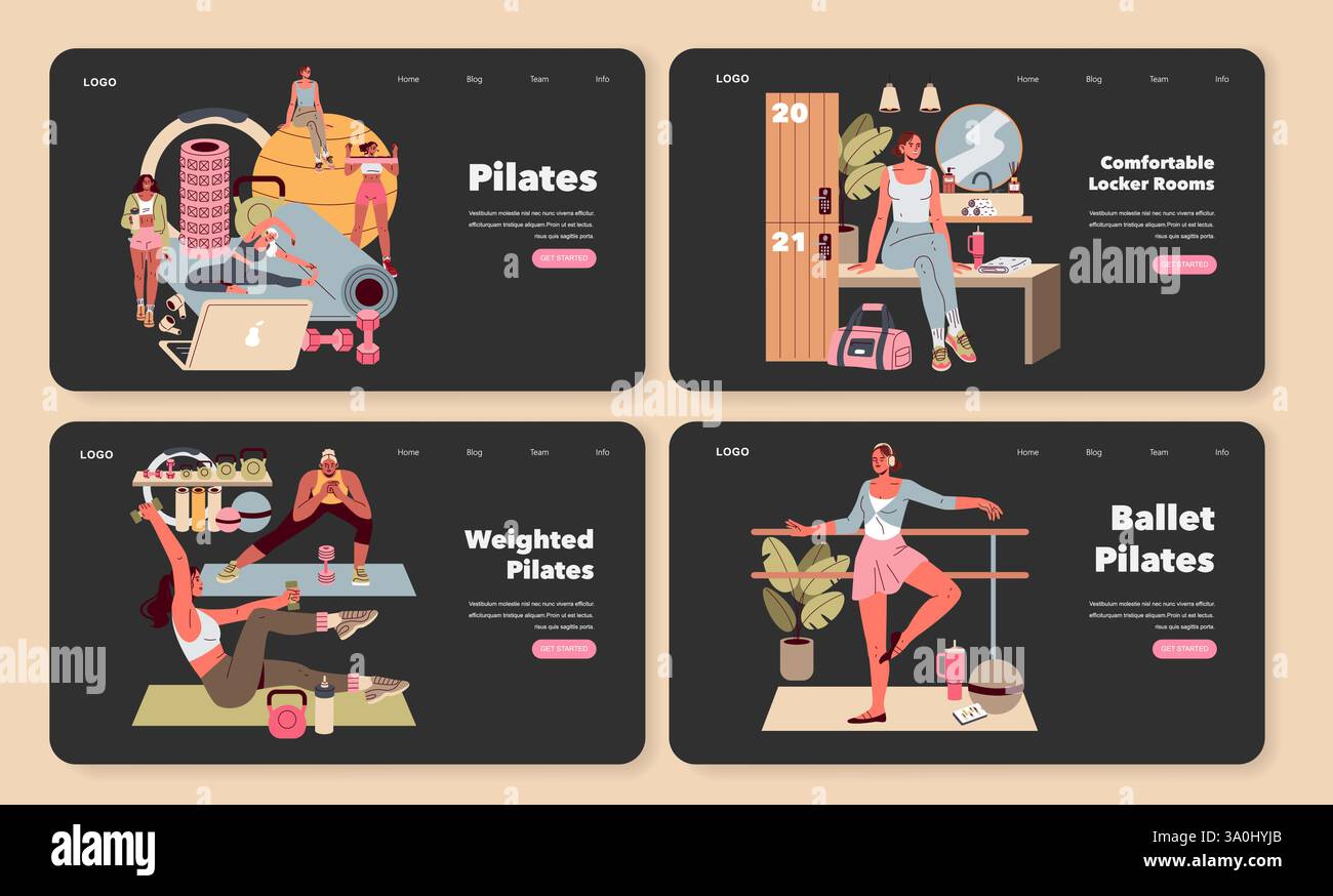 Pilates illustration set. Showcases various Pilates practices including ...