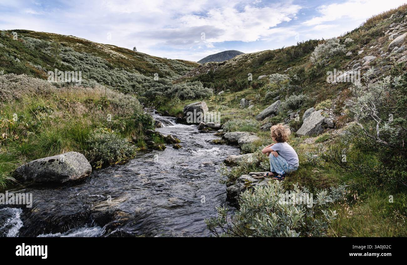 A blond boy crouches beside a flowing mountain stream in Rondane ...