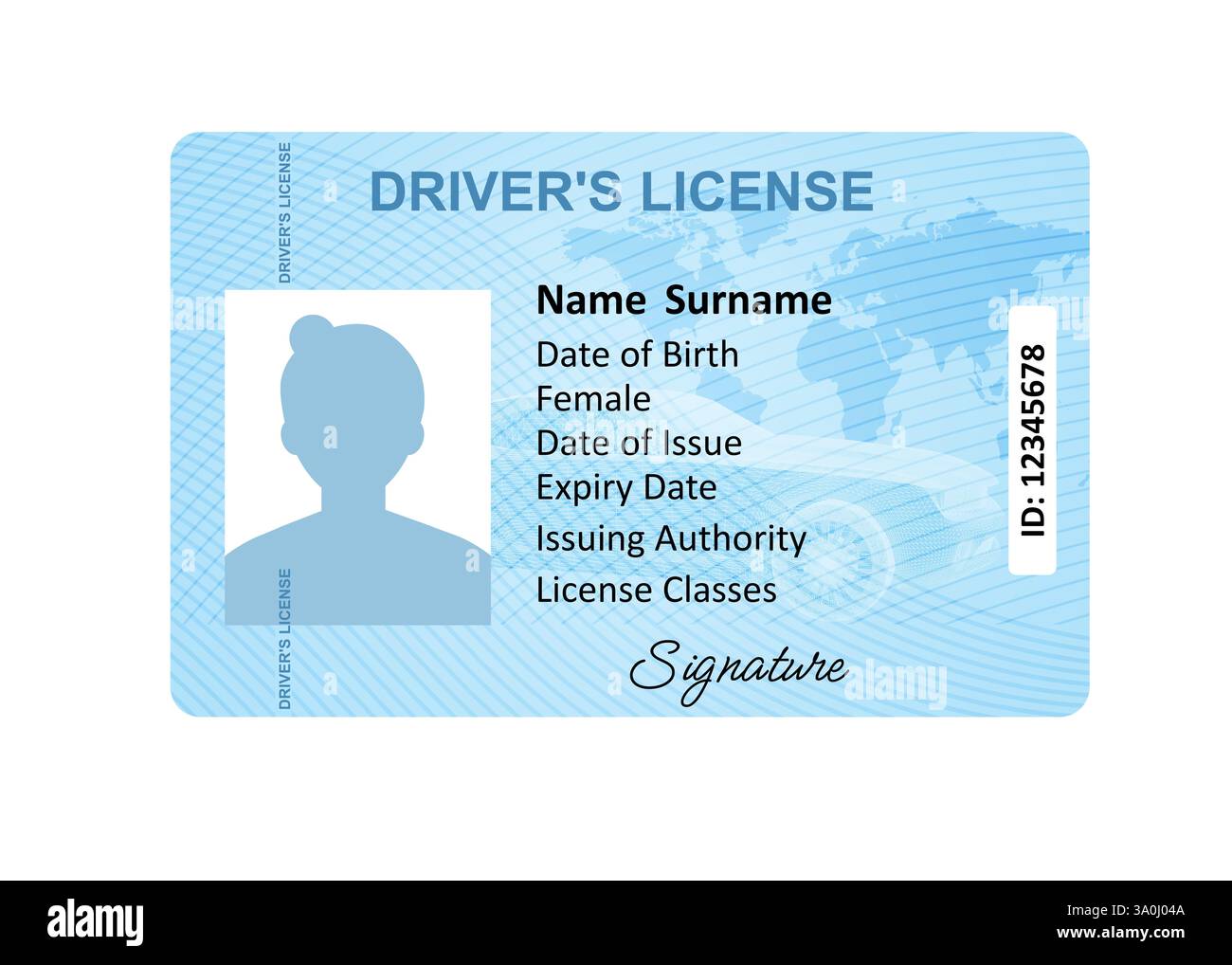 Driver's license with female silhouette and illustration of world map ...