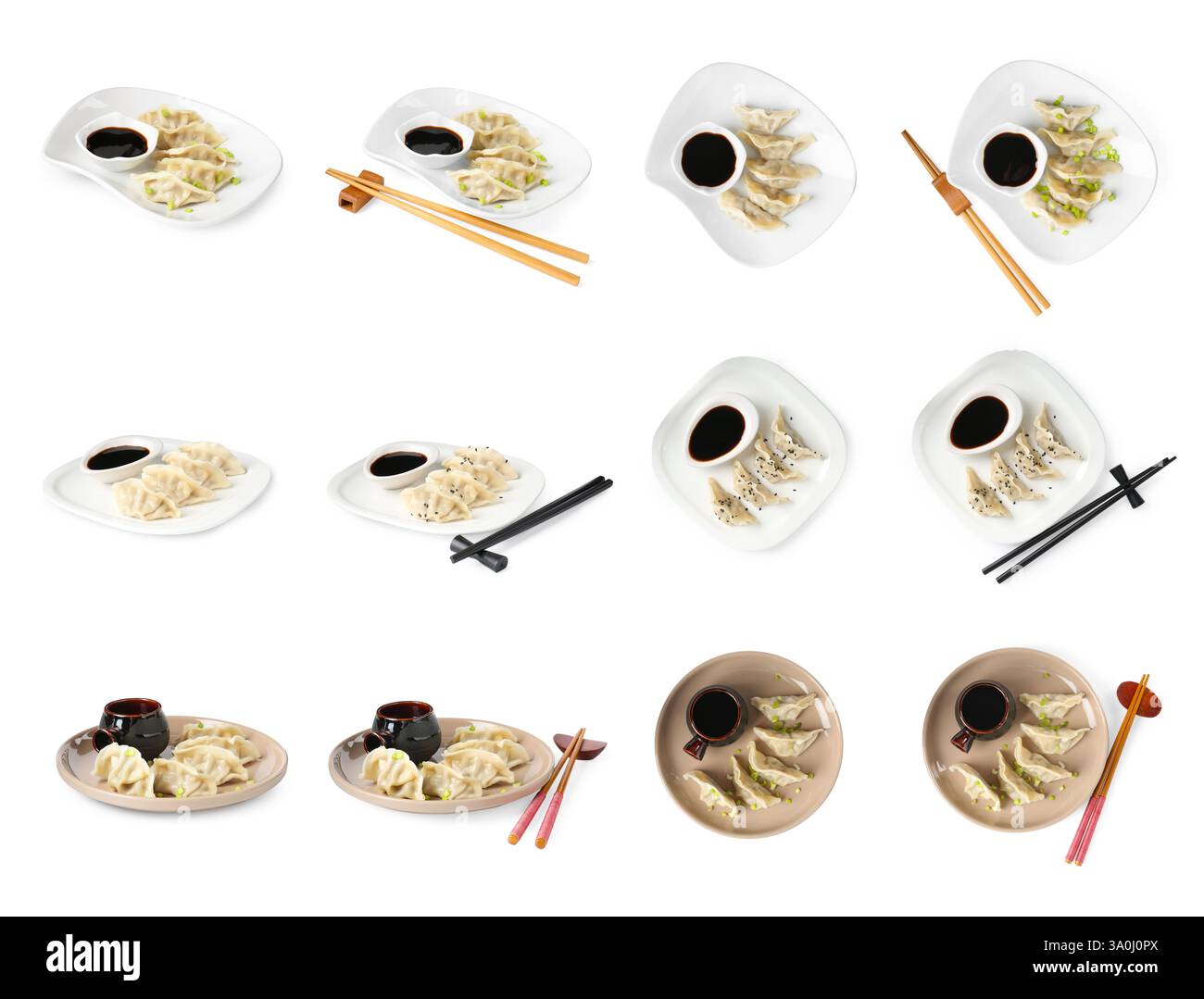 Tasty boiled gyoza (dumplings) with soy sauce on white background ...