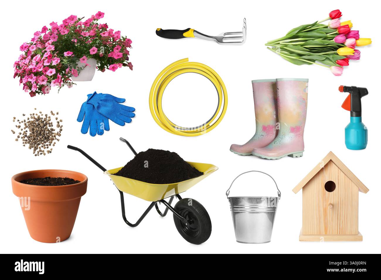 Set of different gardening tools and plants isolated on white Stock ...