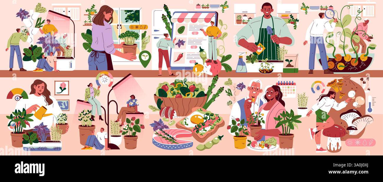 Mini Farms illustration. Engaging scenes depicting people cultivating ...