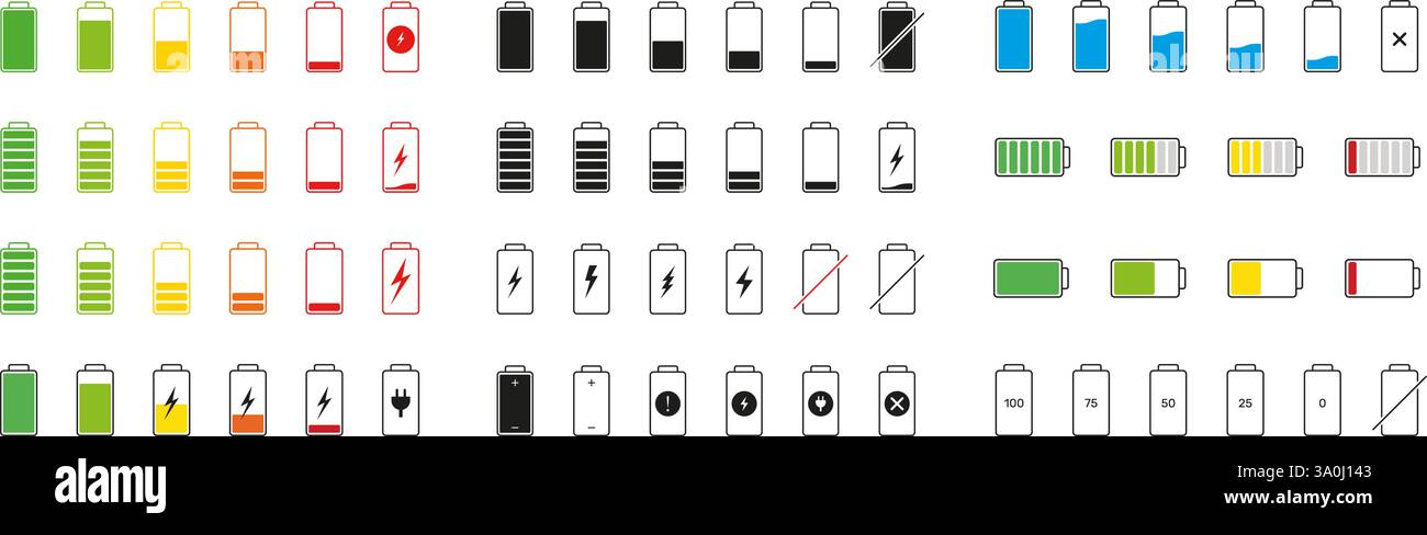Battery Status Icon Set. Battery Charge Levels Silhouette Symbol ...