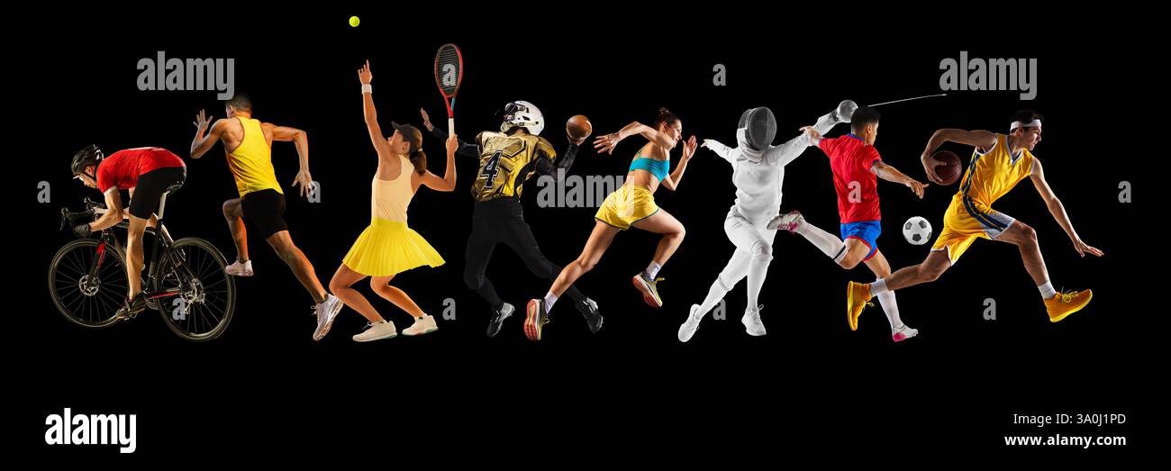 Collage. Banner. Dynamic athletes from various sports, dressed vibrant ...