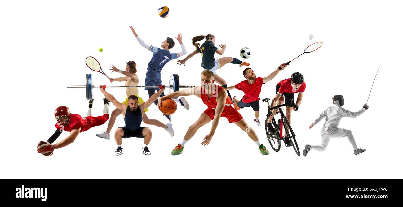 Sport collage. Active athletes from different sports stride in sequence ...
