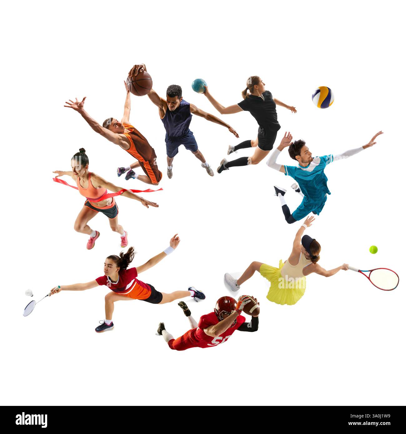 Collage. Young athletes from multiple sports soar in circular formation ...