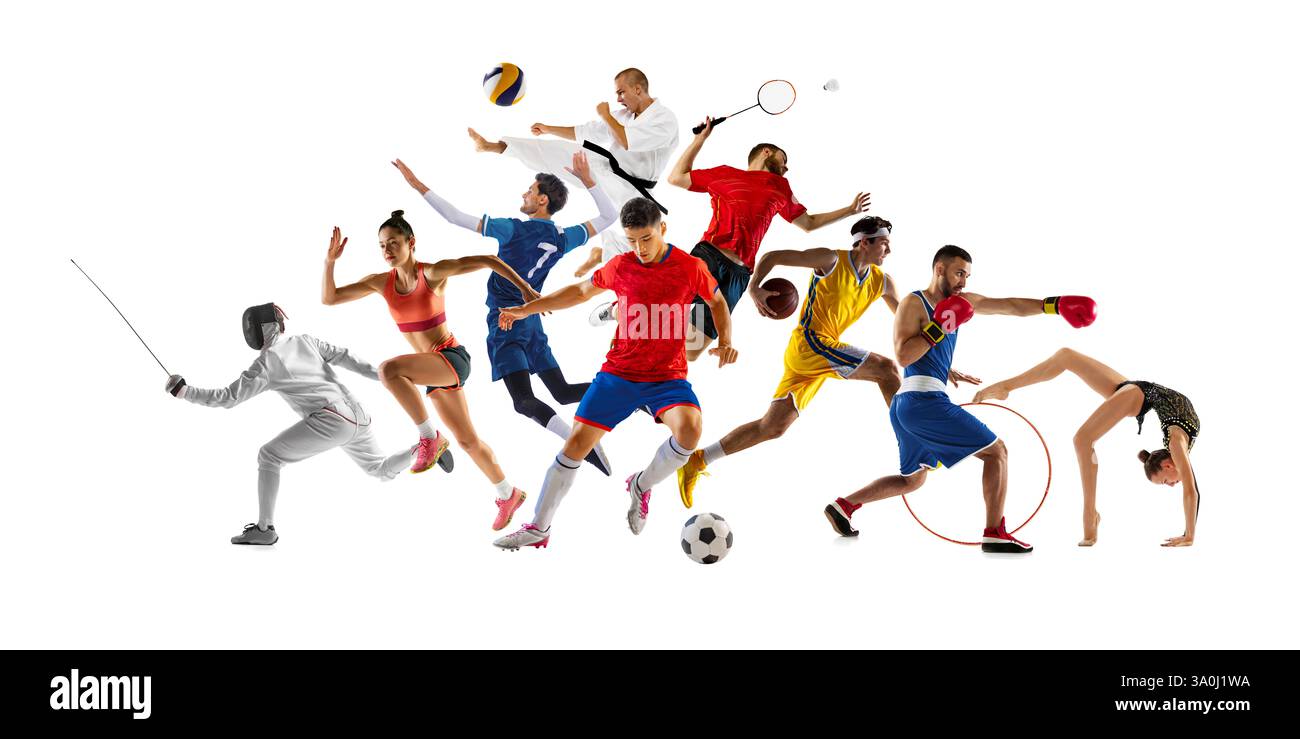 Collage. Diverse athletes from various sports perform dynamic actions ...