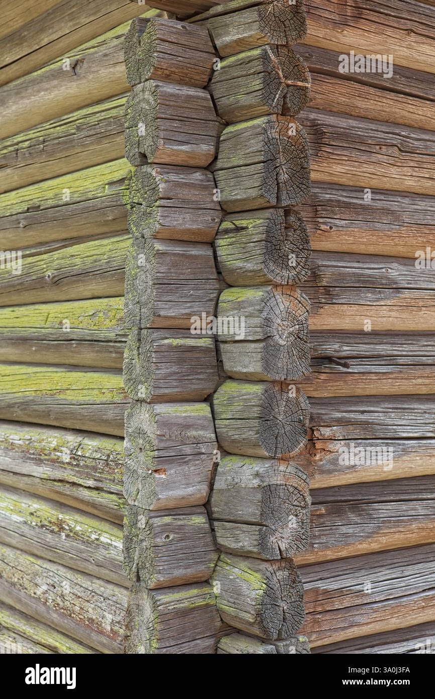 Weathered corner detail of a log cabin Stock Photo - Alamy