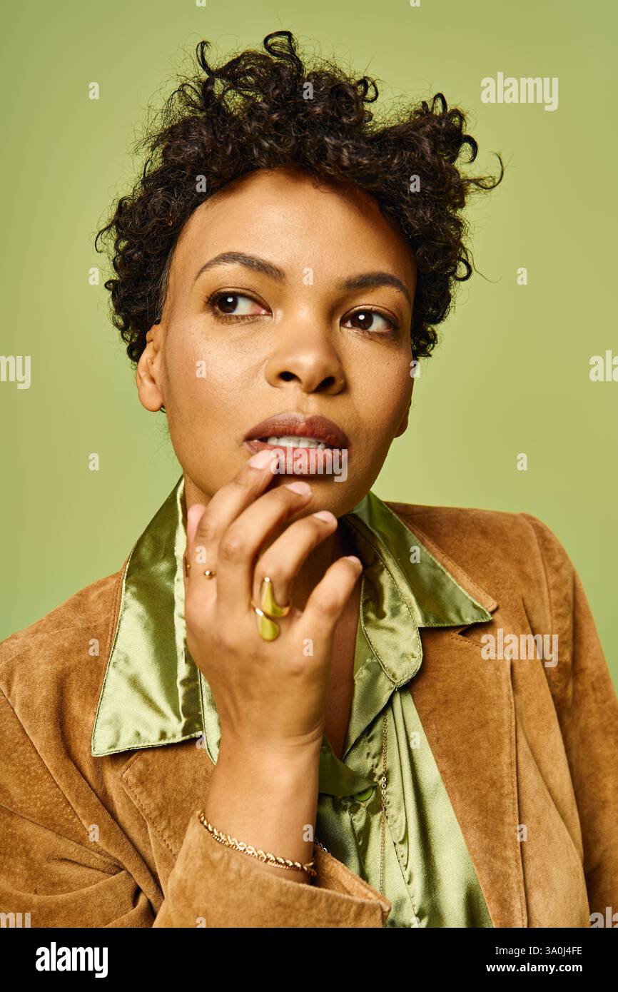 Stylish african american woman poses confidently against a vibrant ...