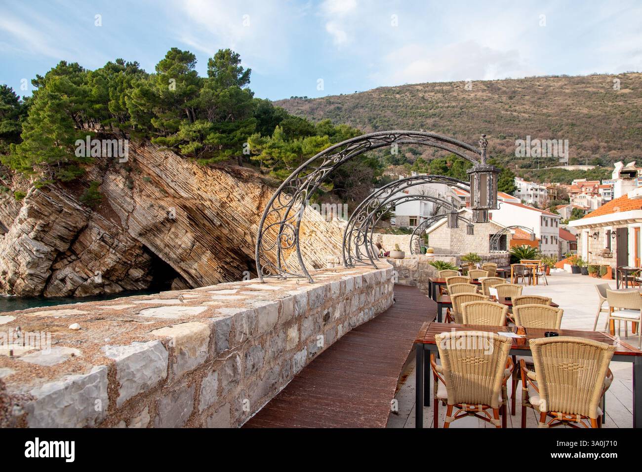 Coffee shop on outdoor terrace, deserted veranda overlooking the sea ...