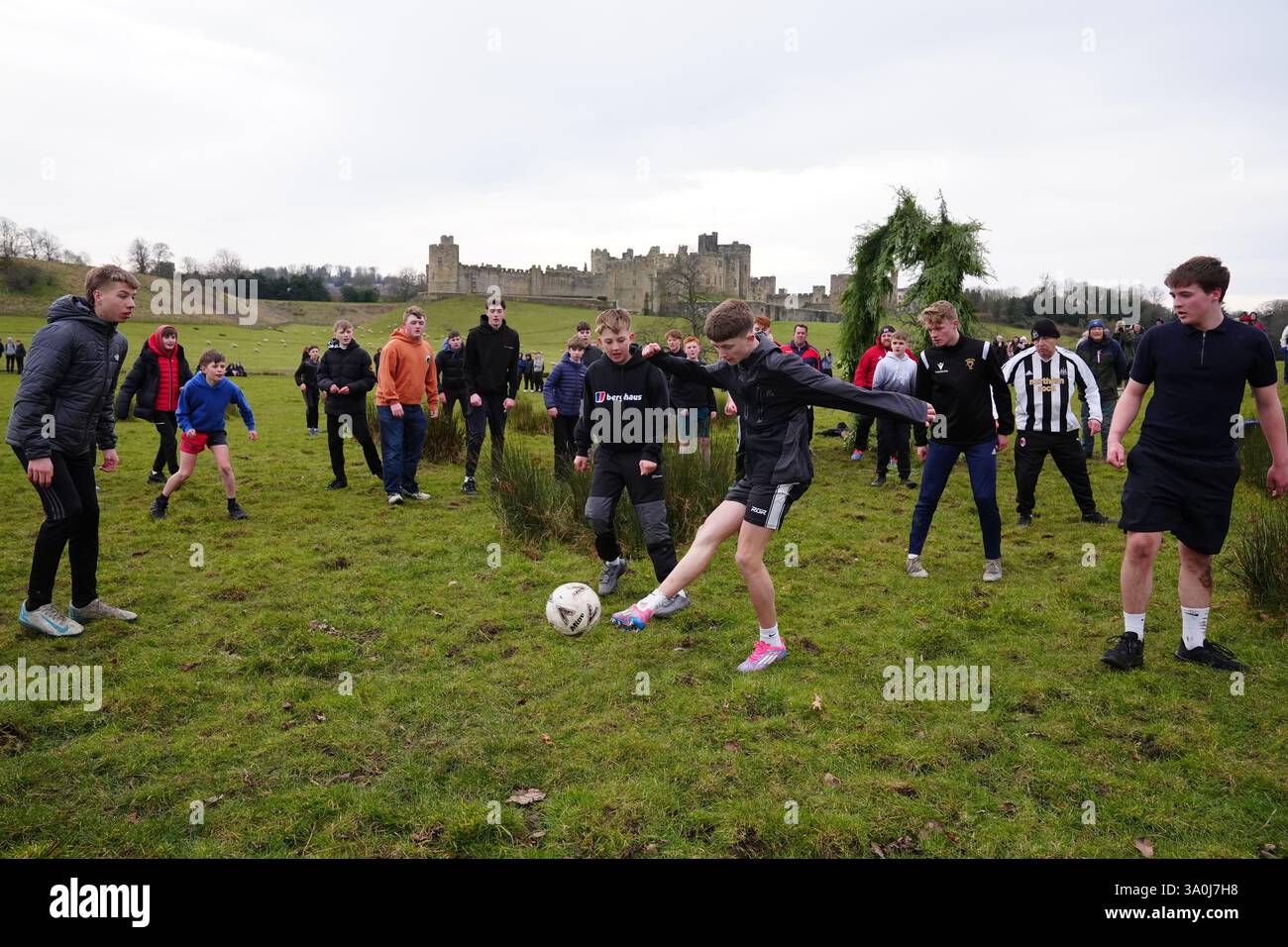 Players during the annual Shrovetide football match in Alnwick ...