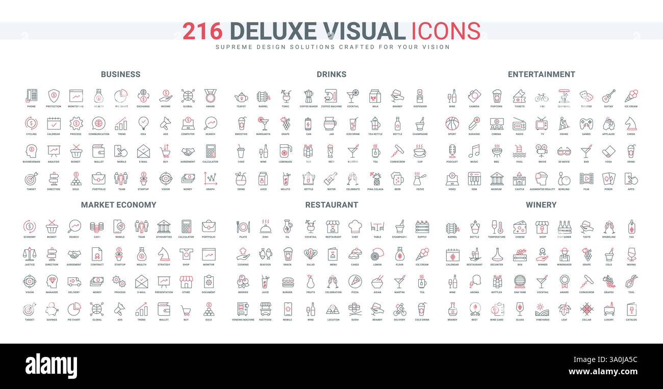 Restaurant menu, entertainment and ticket, market economy line icon set ...