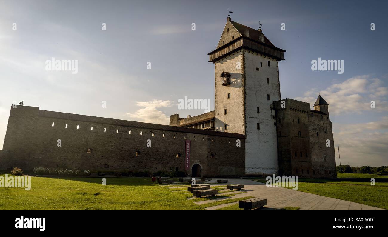 A historic castle with a tall tower and stone walls, set against a ...