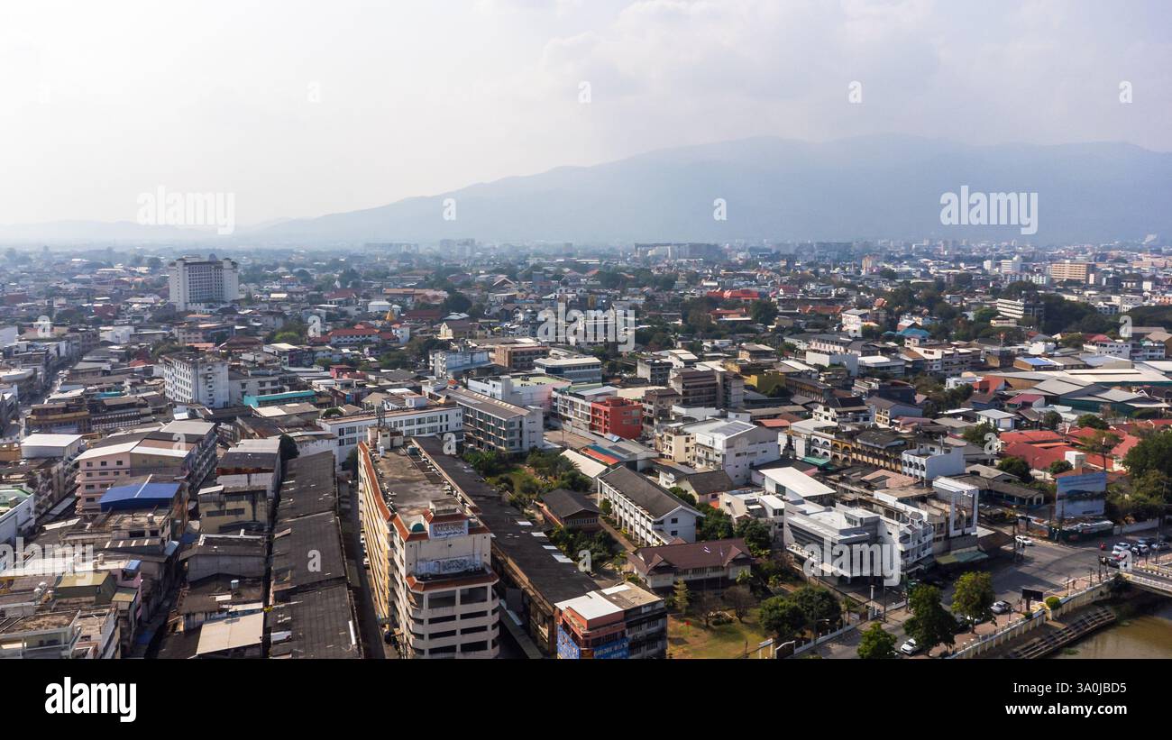Aerial view of Chiang Mai urban area with low and high buildings ...