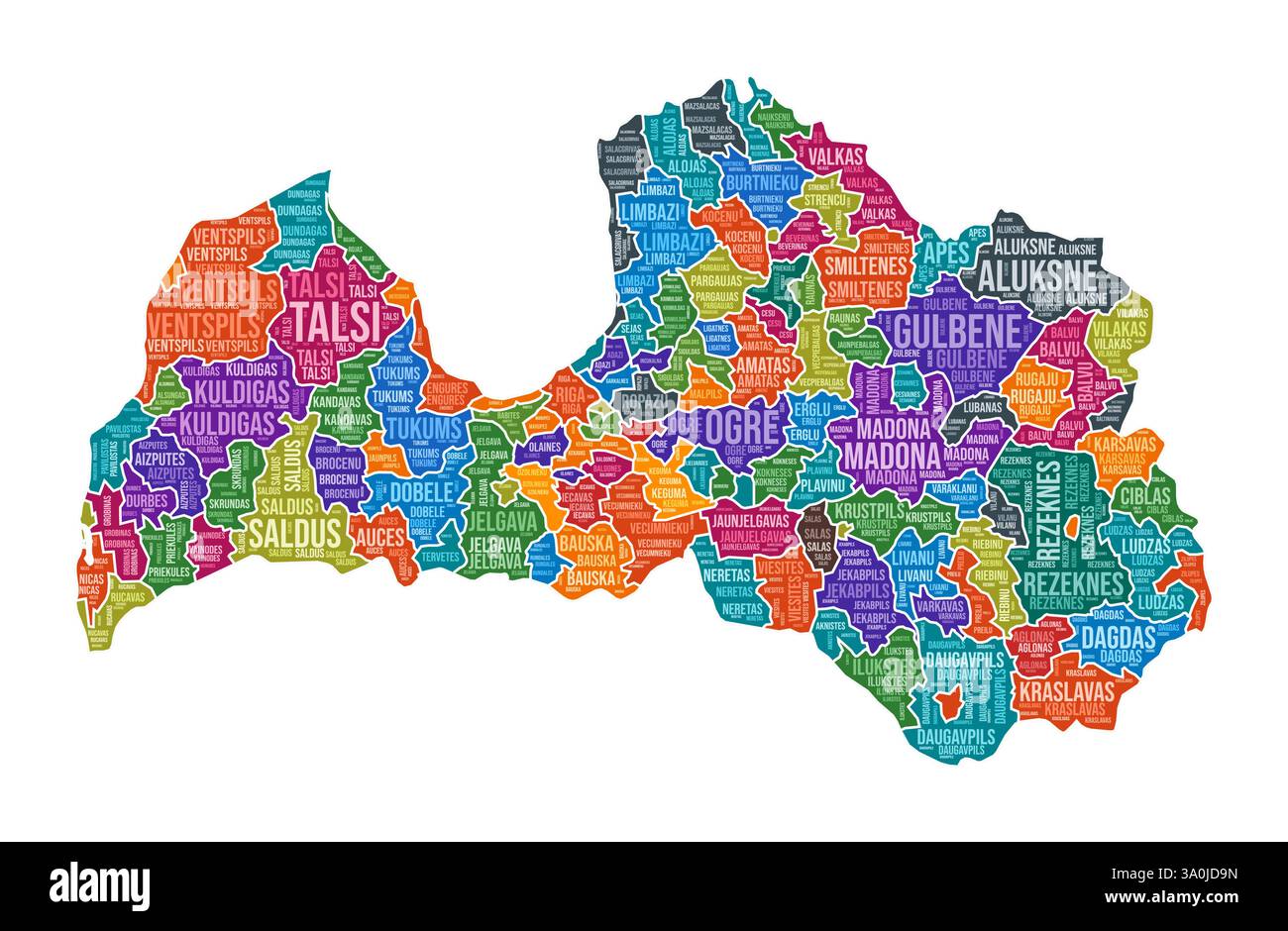 Latvia shape. Country word cloud with region division. Latvia colored ...
