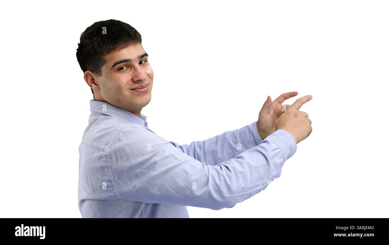 A man, close-up, on a white background, points to the side Stock Photo ...