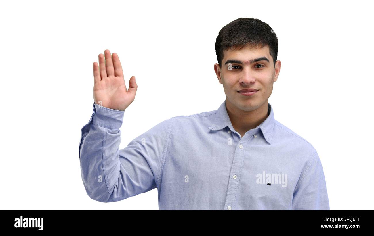 A man, close-up, on a white background, waving his hand Stock Photo - Alamy