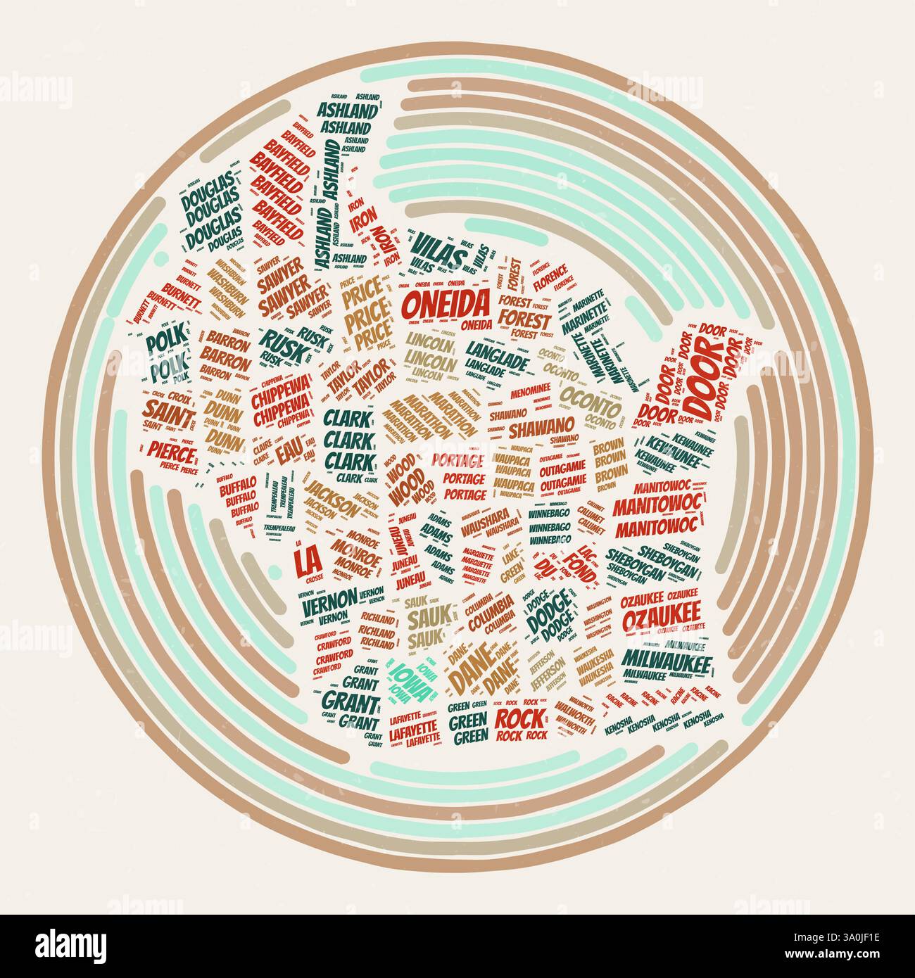 Wisconsin Round Poster. Typography style image of State. Counties word ...