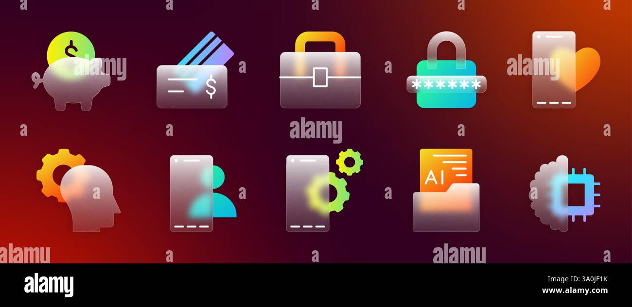 3D glass icons. Business technology elements for digital app design. UI ...
