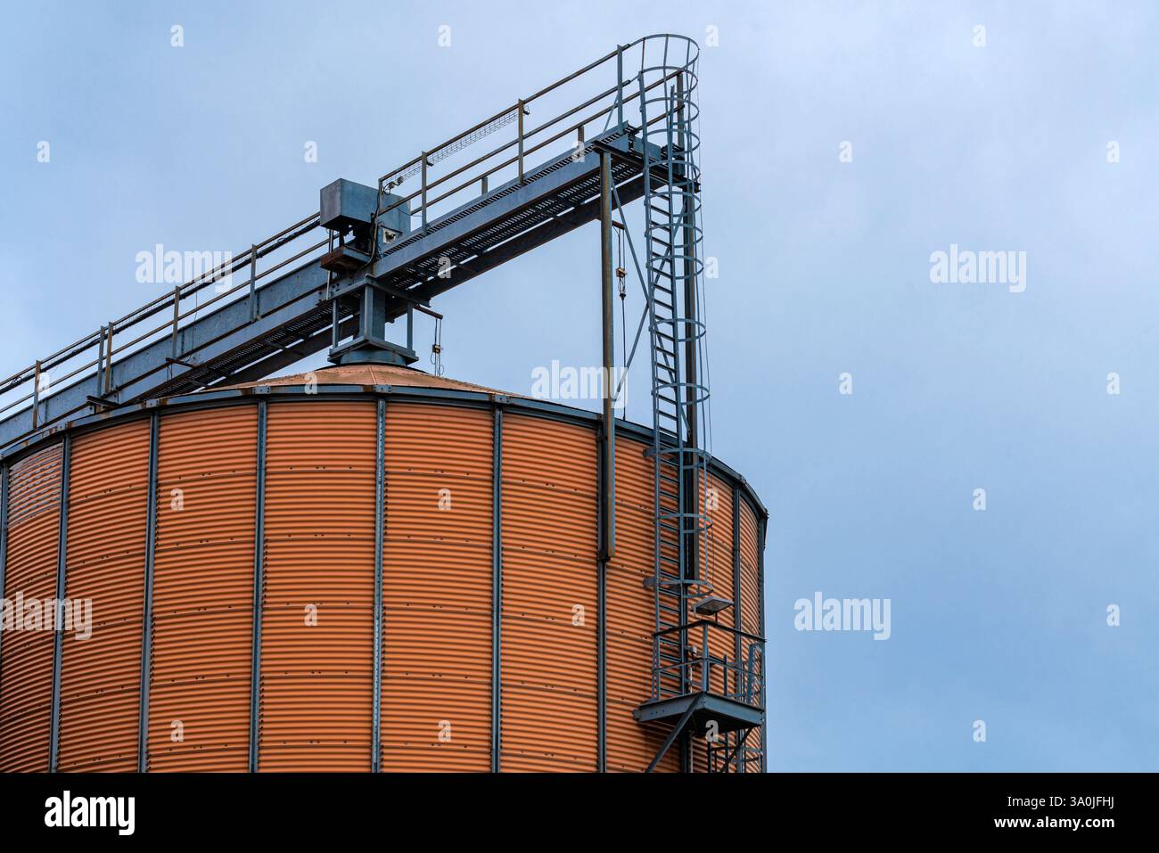 A large, cylindrical grain silo stands prominently against a cloudy ...