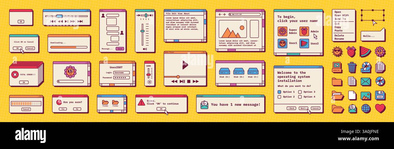 Retro internet windows. Browser frame pixel design. Vintage web interface of old 90s post box ...