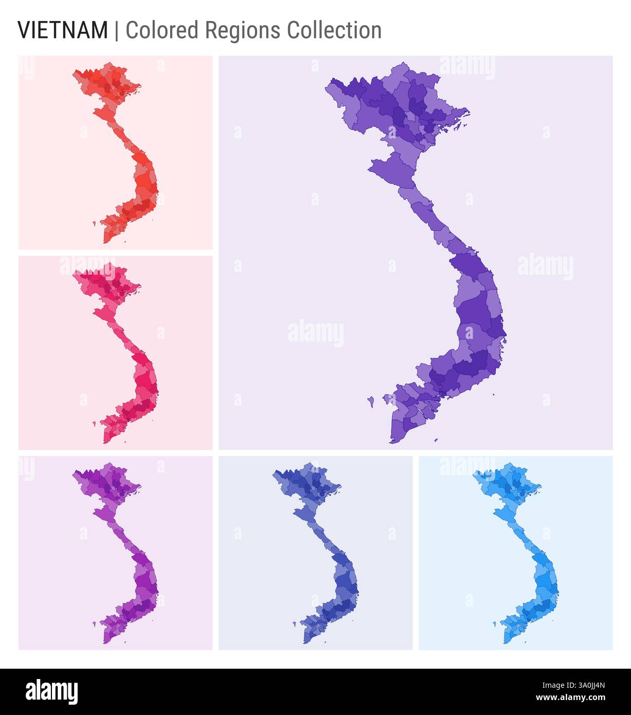 Vietnam map collection. Country shape with colored regions. Deep Purple ...