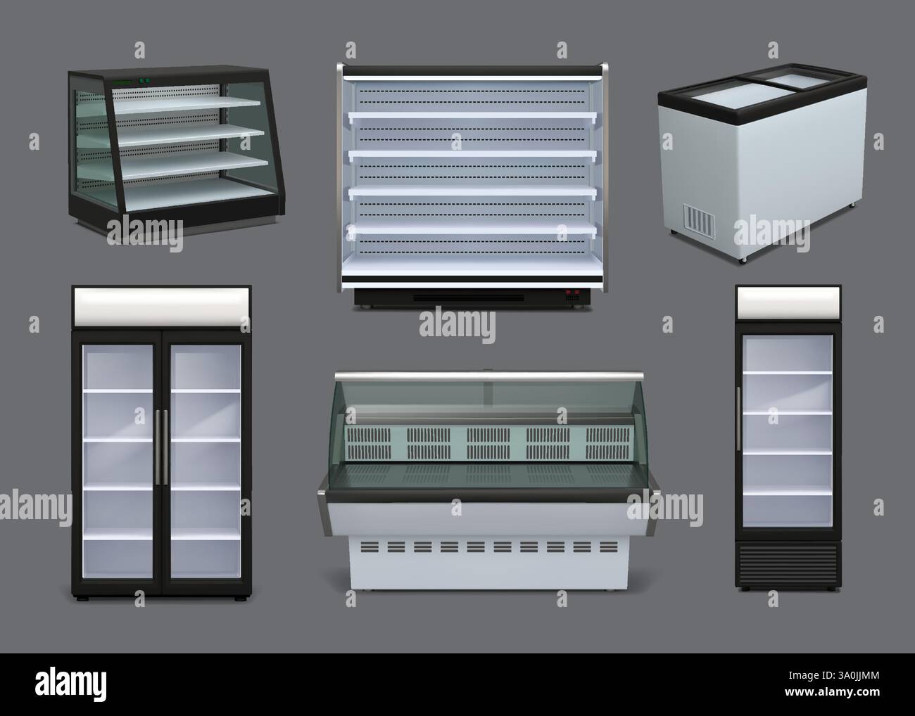 Supermarket freezer. Store shelf display. Empty open chiller. Showcase ...