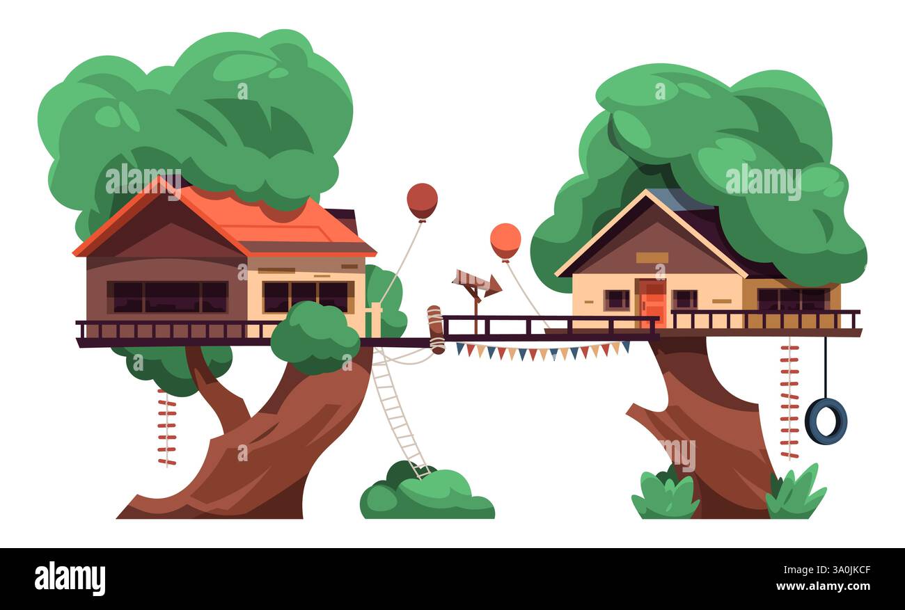 Children tree house. Kids playing construction. Cabin with rope or ...