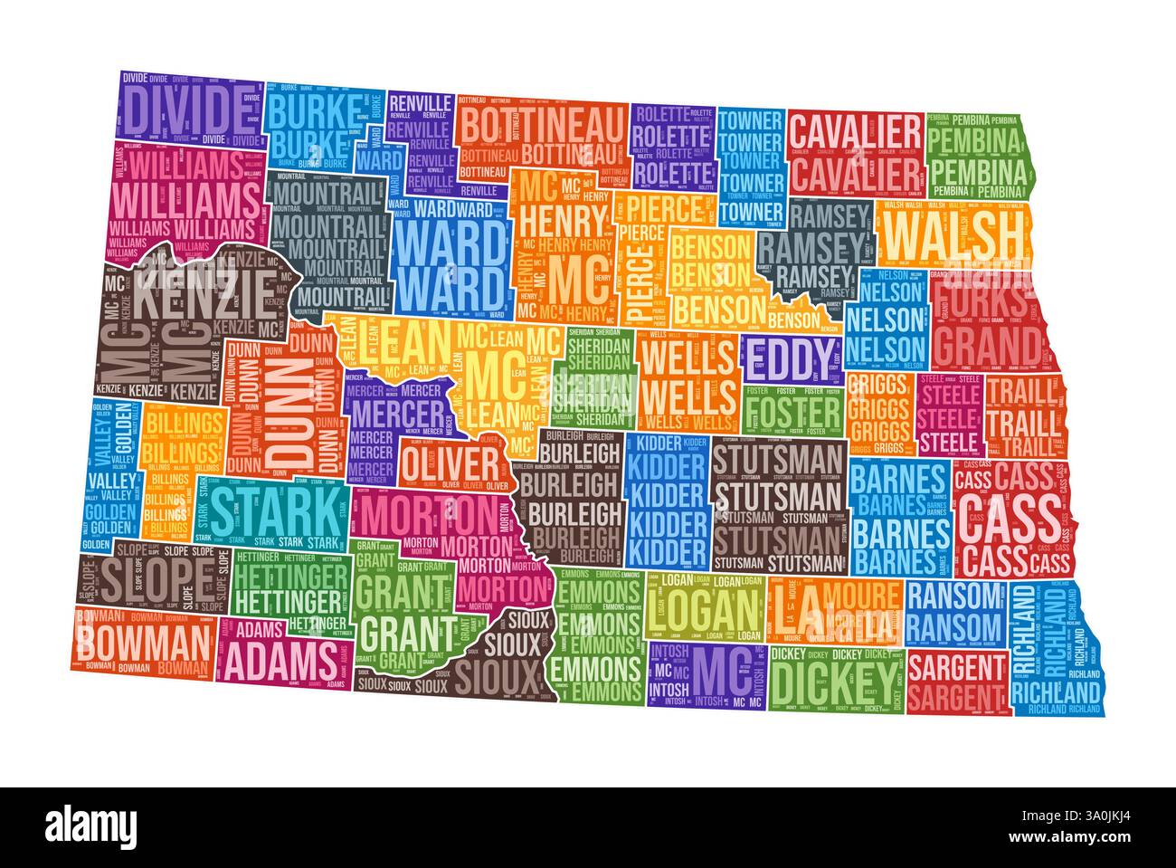 North Dakota shape. State word cloud with county division. North Dakota ...