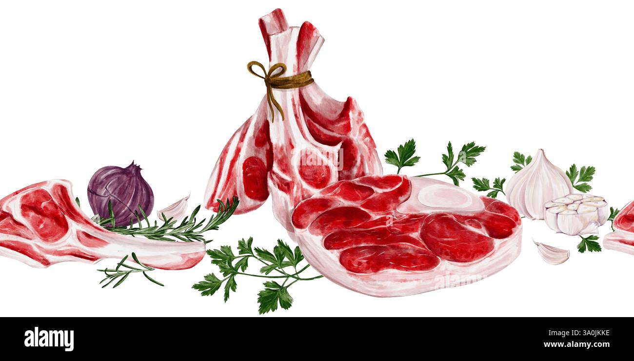 Seamless border with meat and spices. Raw beef and lamb steaks. Herbs ...