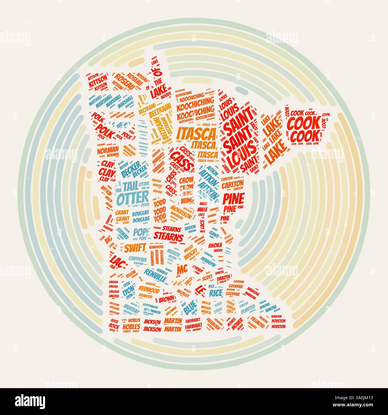 Minnesota Round Poster. Typography style image of State. Counties word ...