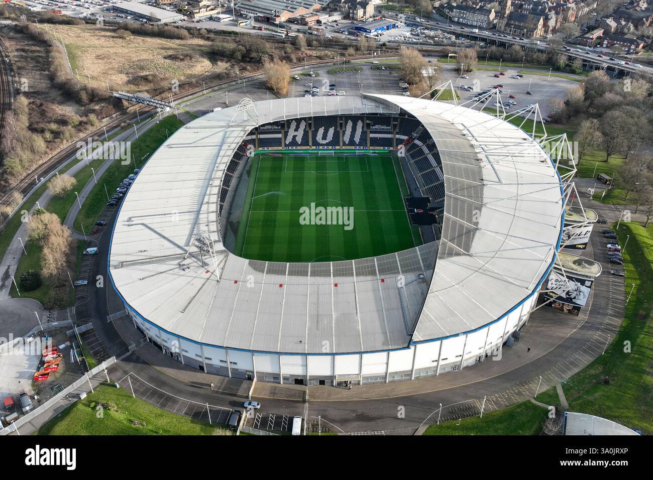 Hull, UK. 04th Mar, 2025. An aerial view of the MKM Stadium during the ...