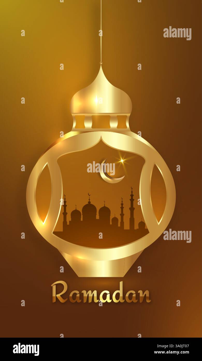Ramadan banner, gold arabic lantern lamp, crescent moon and mosque ...
