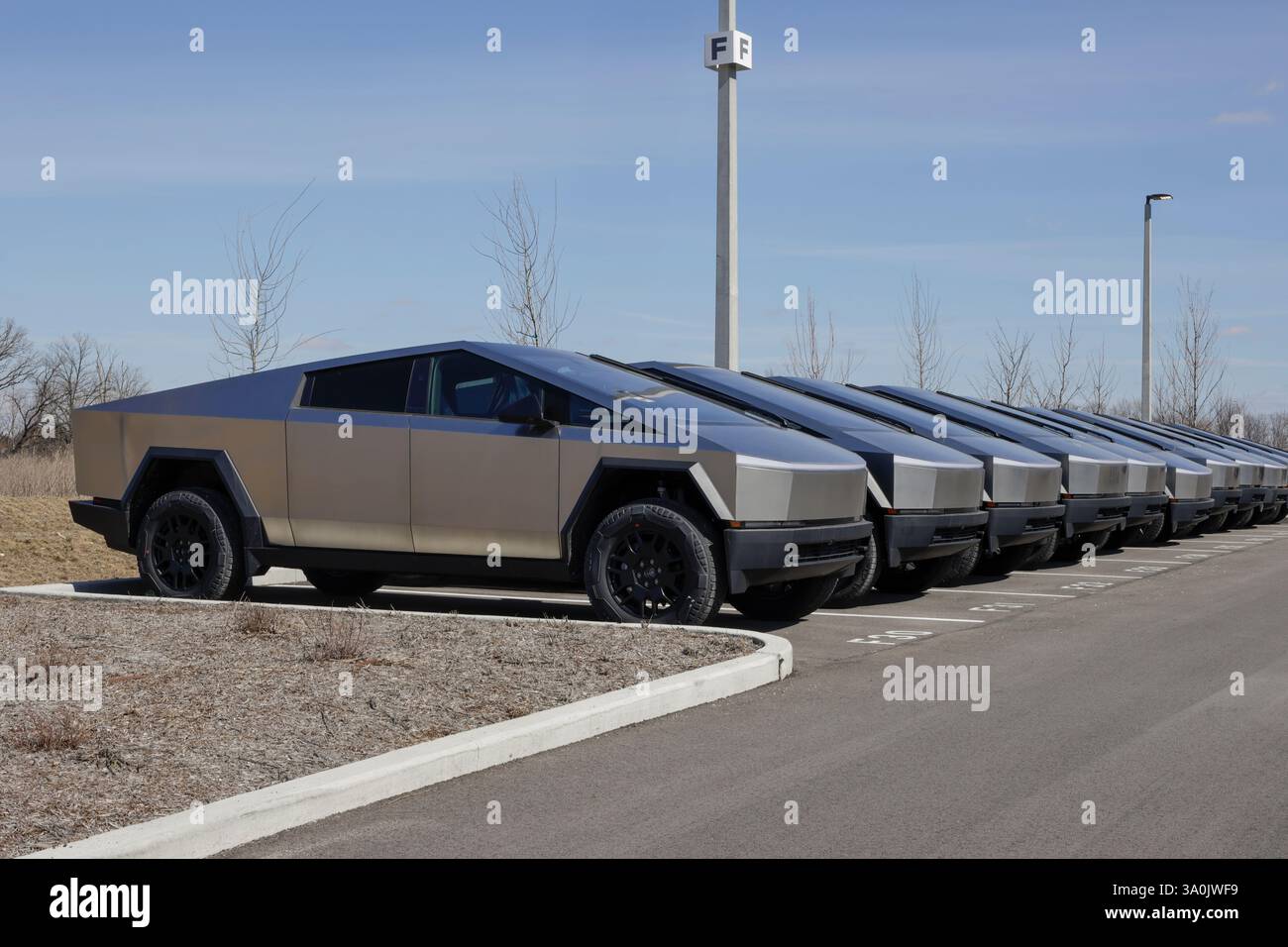 Indianapolis - March 2, 2025: Tesla Cybertruck display at a dealership ...