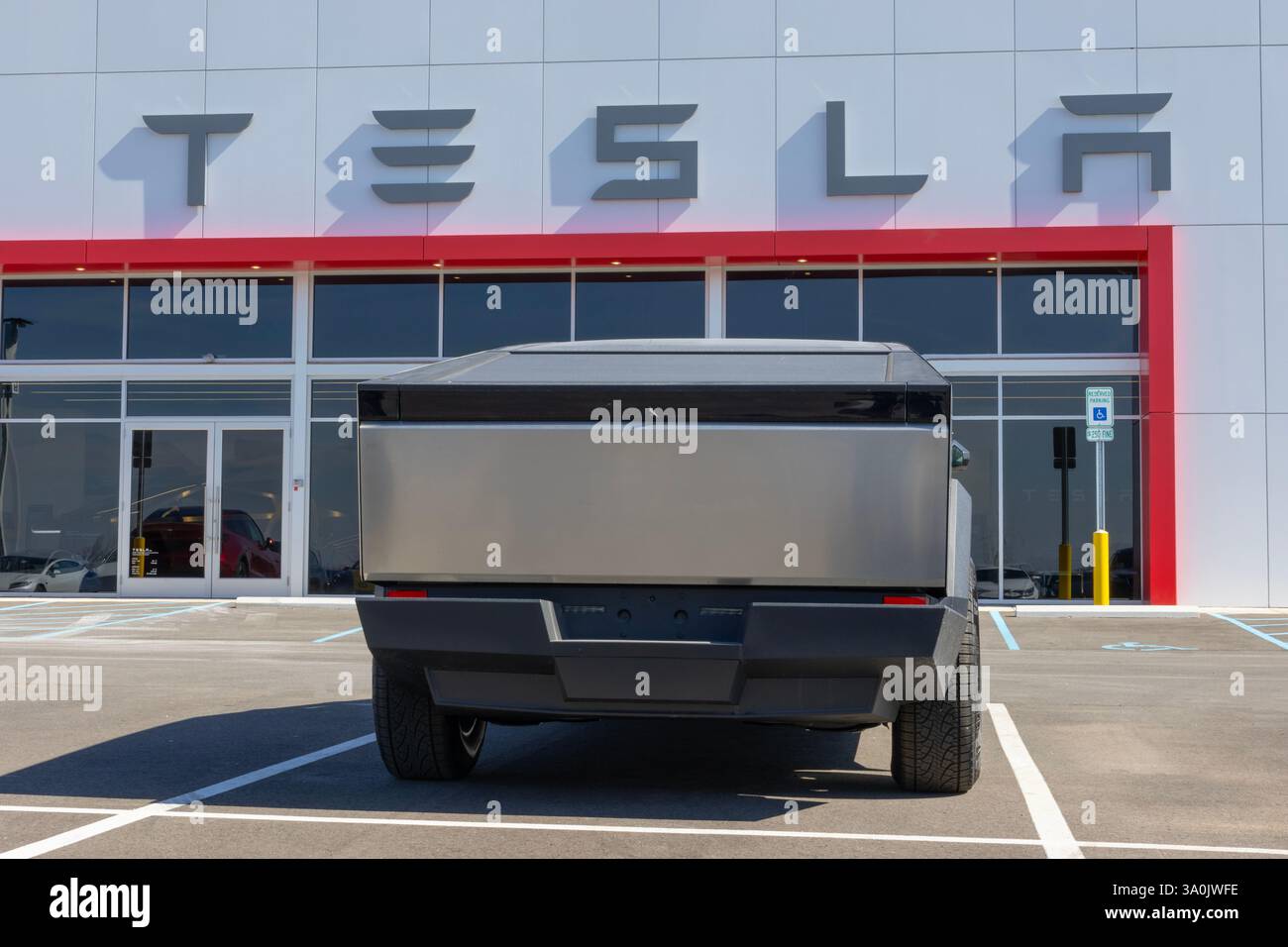 Indianapolis - March 2, 2025: Tesla Cybertruck display at a dealership ...