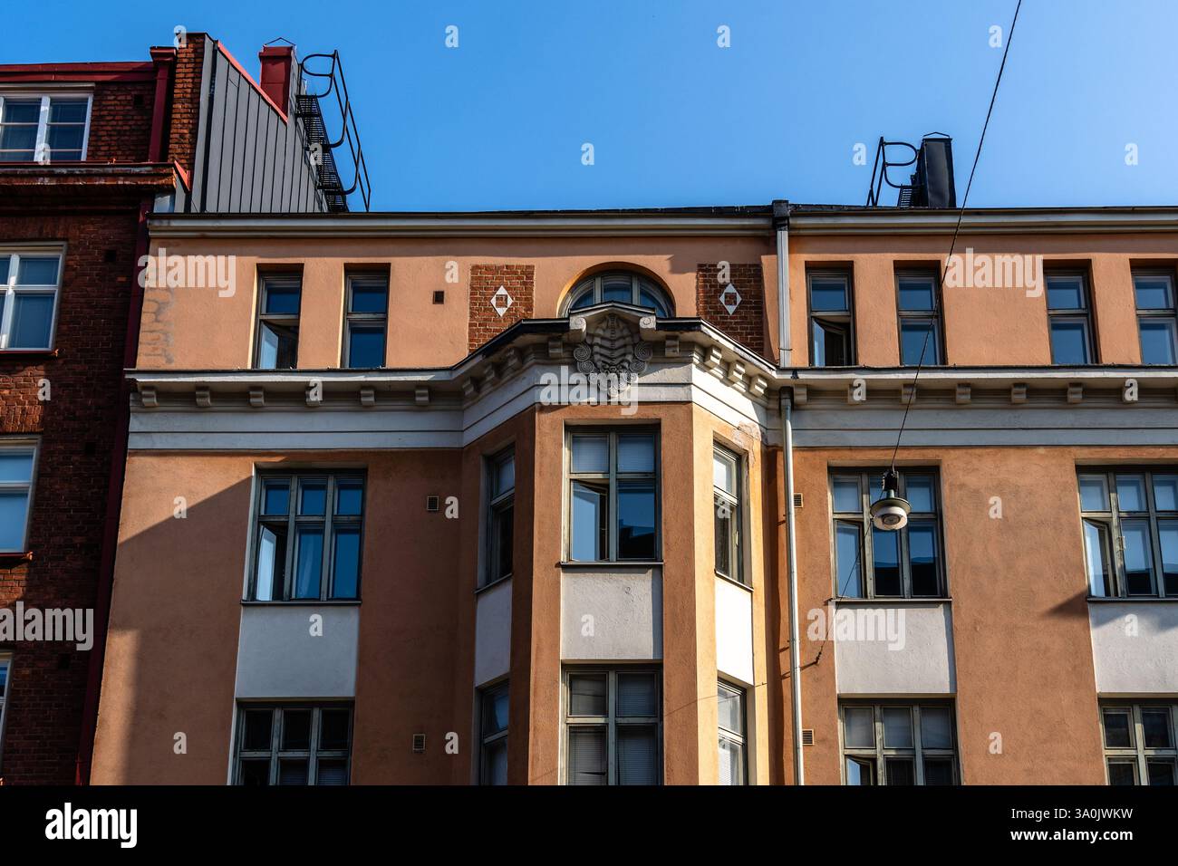 An eye-level view shows classic architecture in Helsinki, Finland, with ...