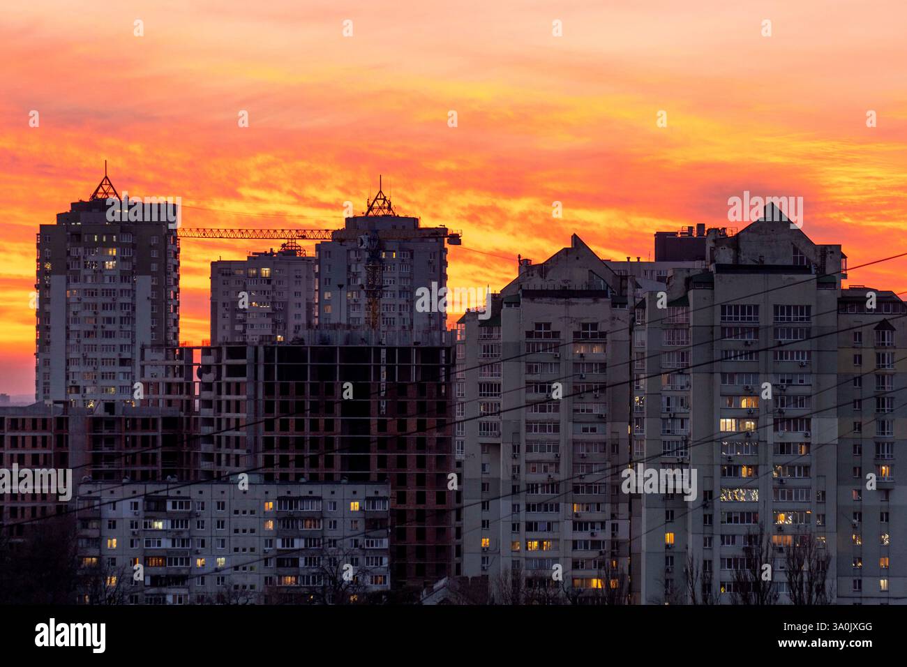 March 4, 2025, Kyiv, Kyiv City, Ukraine: Beautiful sunset behind high ...