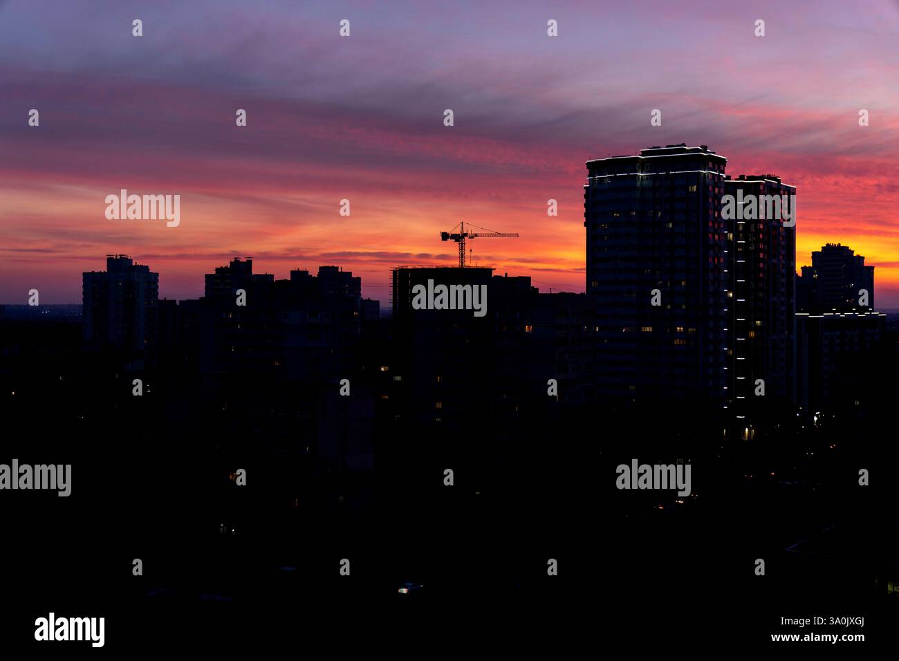 Kyiv, Kyiv City, Ukraine. 4th Mar, 2025. Beautiful sunset behind high ...