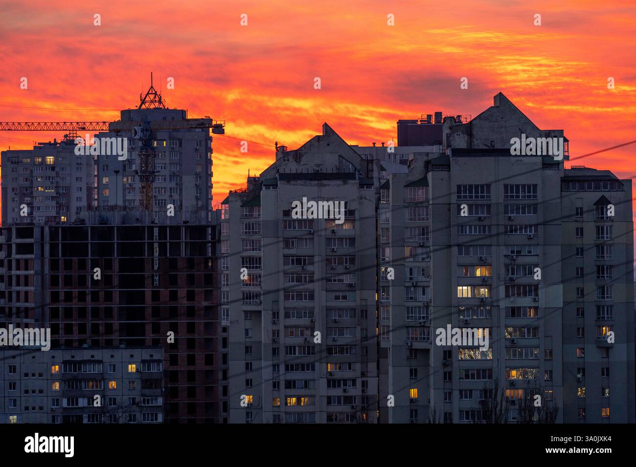 March 4, 2025, Kyiv, Kyiv City, Ukraine: Beautiful sunset behind high ...