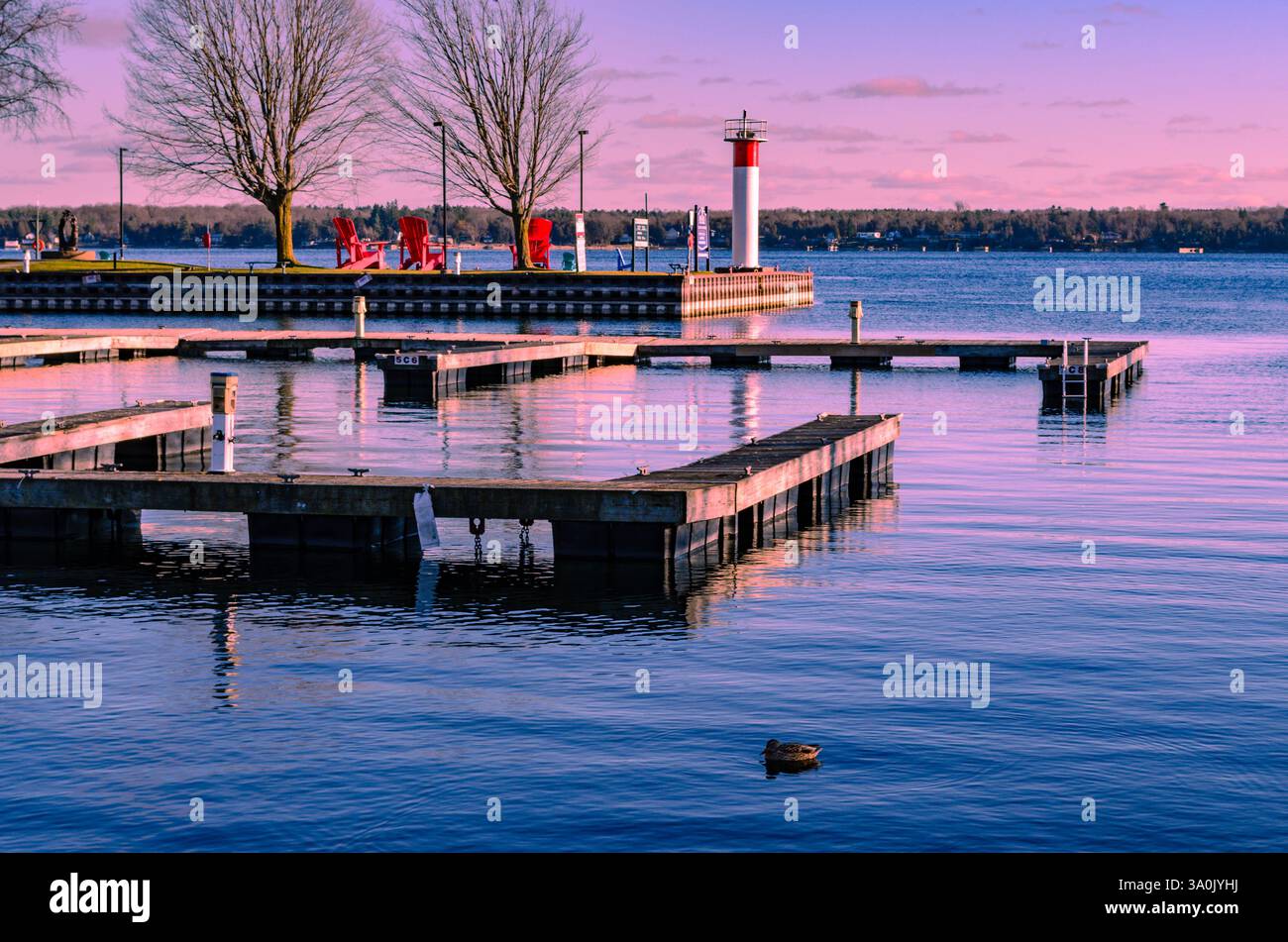 Early evening view of empty boat slips and a lighthouse beacon against ...