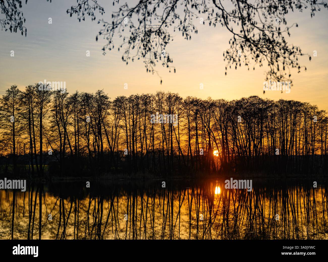 Lietzen, Germany. 04th Mar, 2025. The sunset is reflected in a small ...