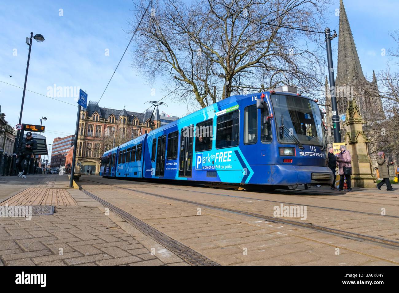 Sheffield Supertram departs from the Cathedral tram stop Stock Photo - Alamy