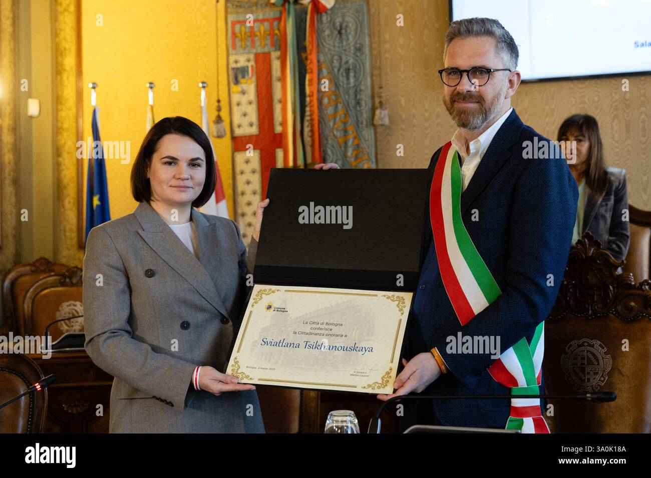 Bologna, Italy. 4 March, 2025. Bologna's Mayor, Matteo Lepore, awarded ...