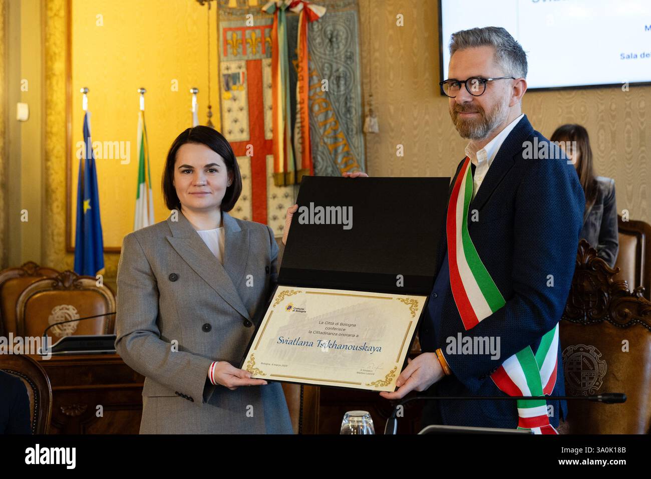 Bologna, Italy. 4 March, 2025. Bologna's Mayor, Matteo Lepore, awarded ...