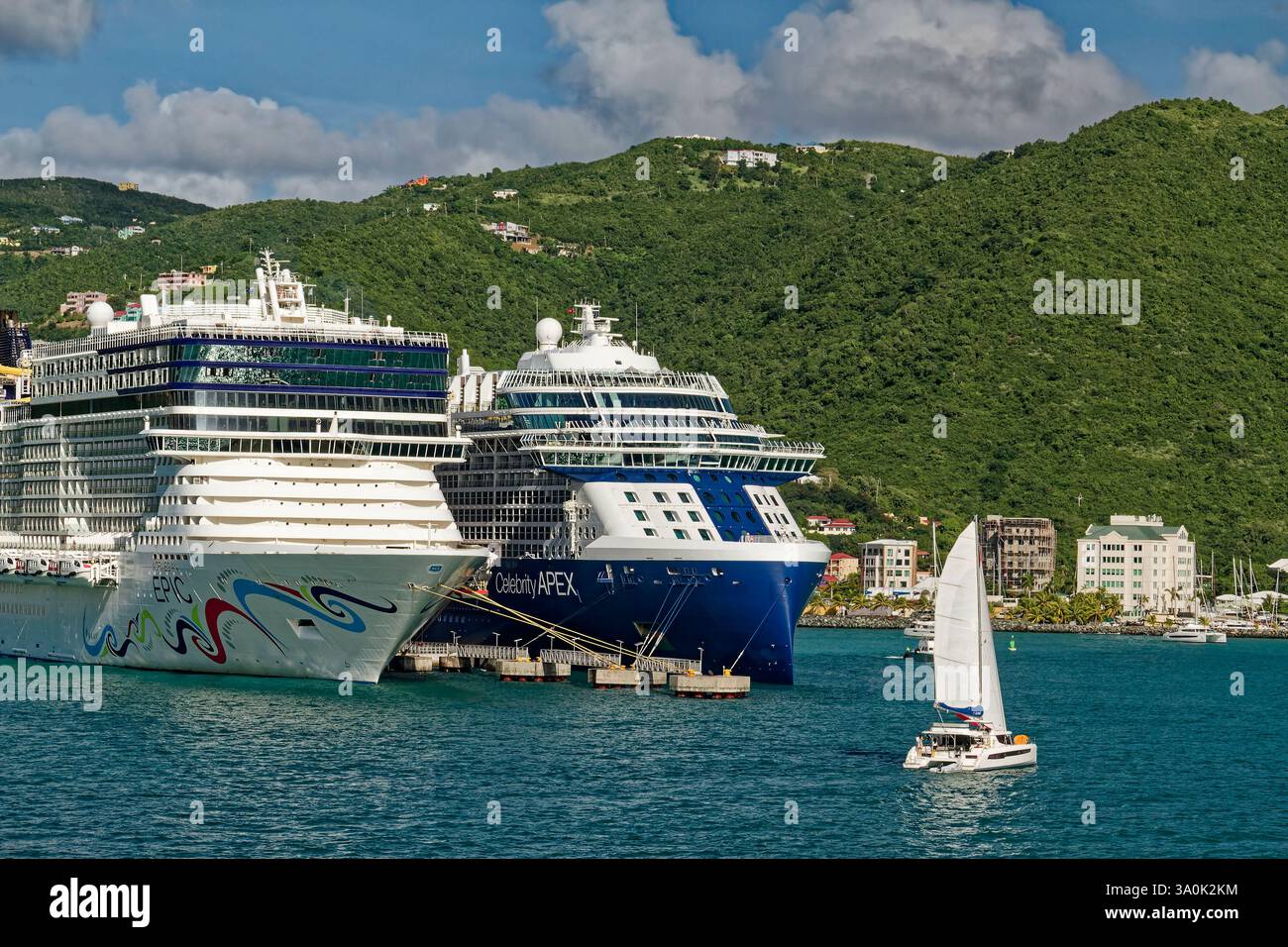 harbor scene, marine, hills, 2 cruise ships docked, sailboats ...