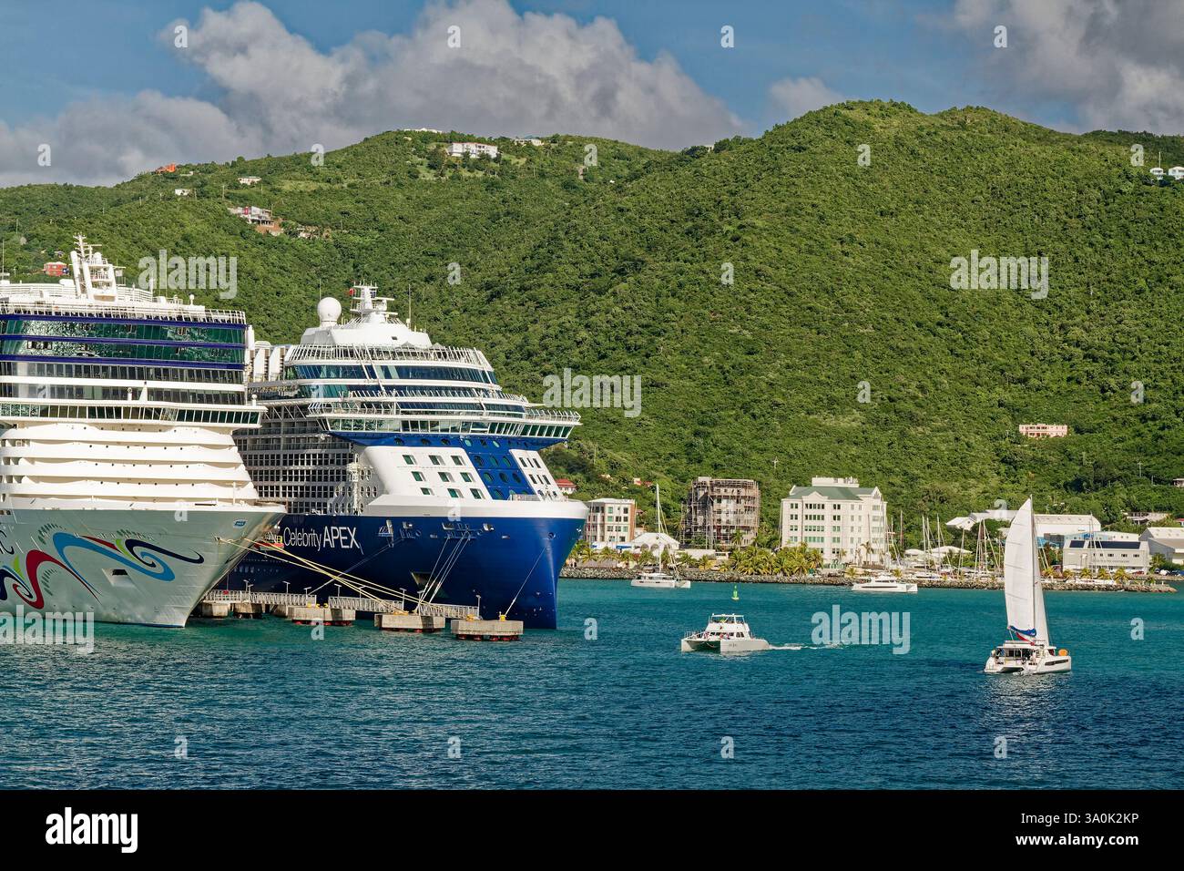 harbor scene, marine, hills, 2 cruise ships docked, sailboats ...