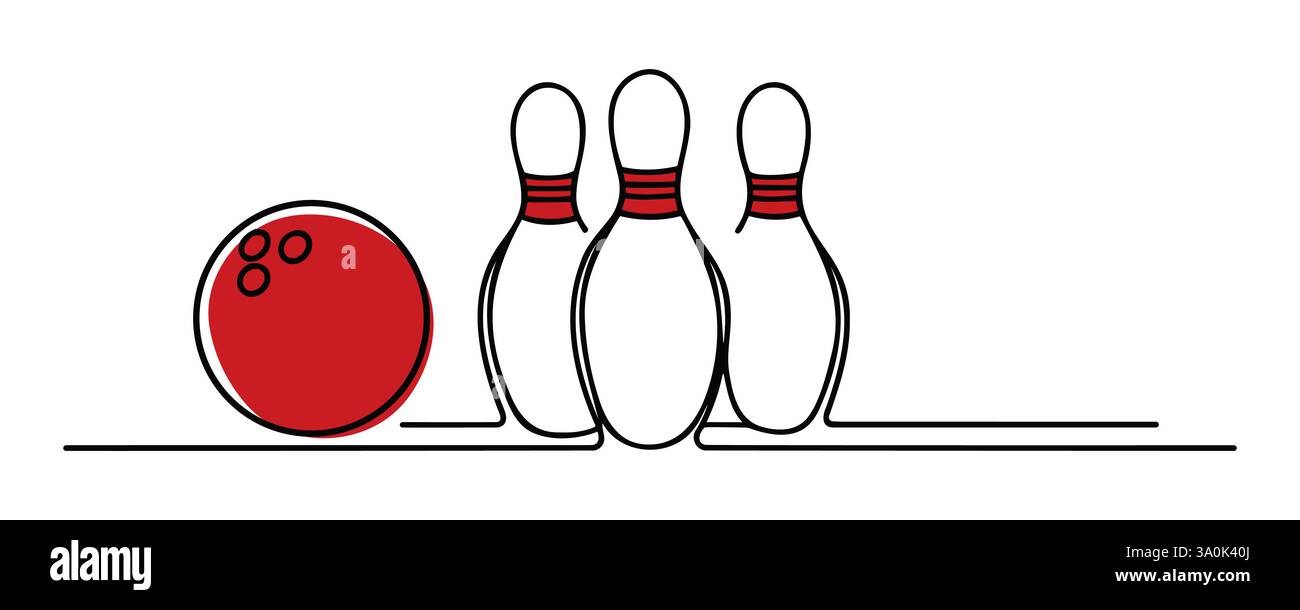 One single line drawing of bowling pins falling apart hit by bowling ...