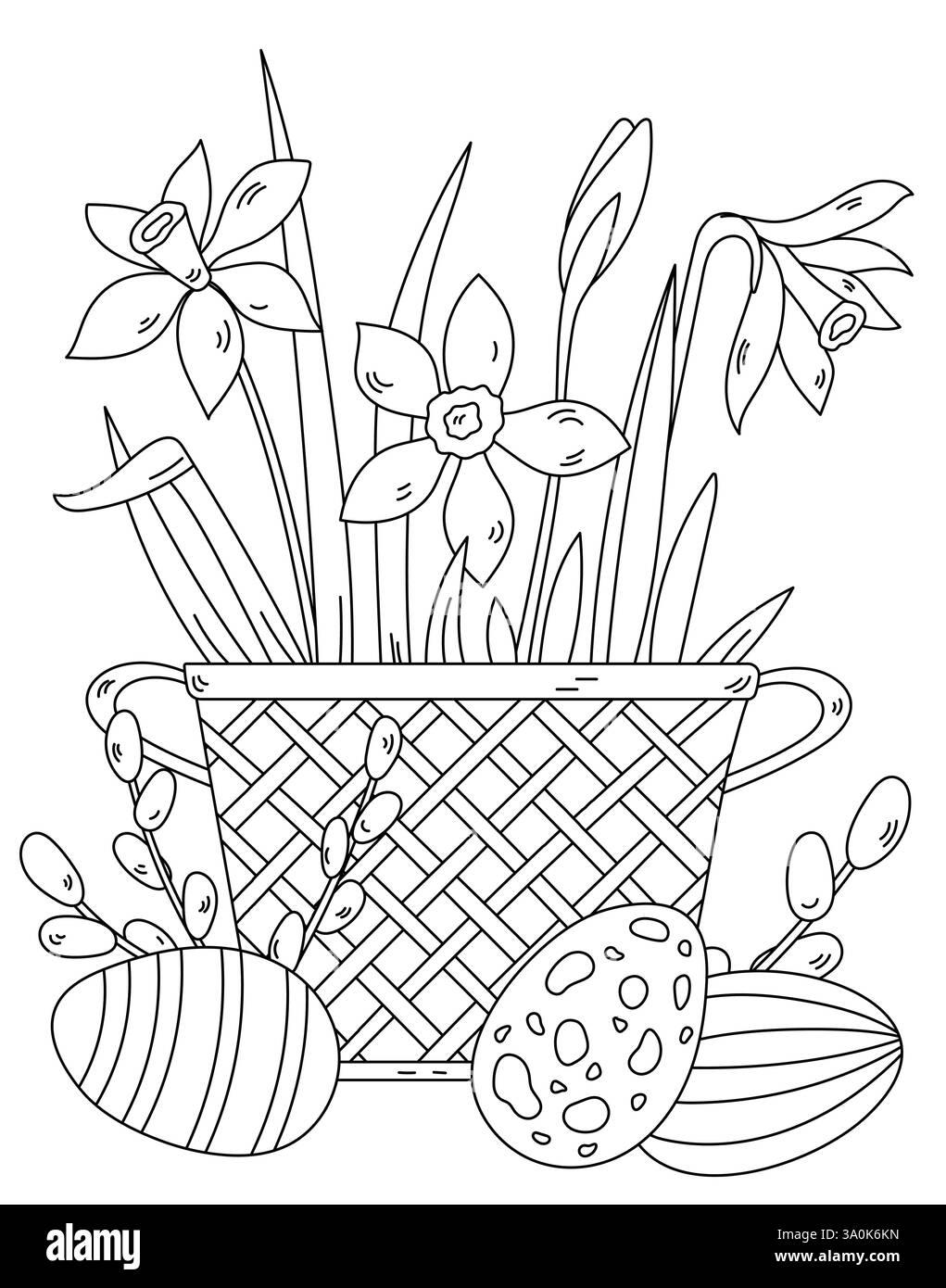 Easter-Themed Stress Relief Coloring Page With Daffodils In A Basket ...